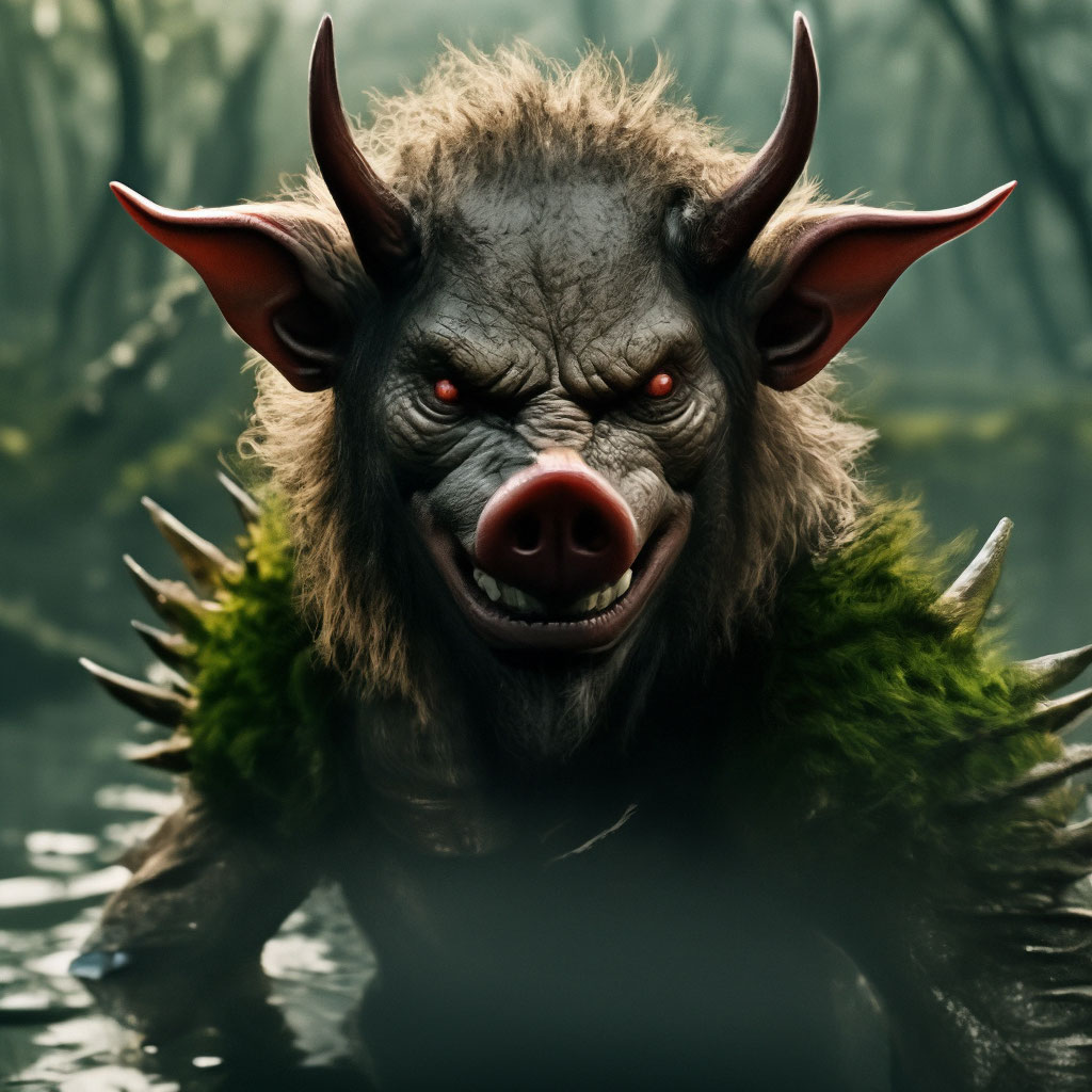"Evil goblin + pig with demon smile😈, small horns, body covered with ...