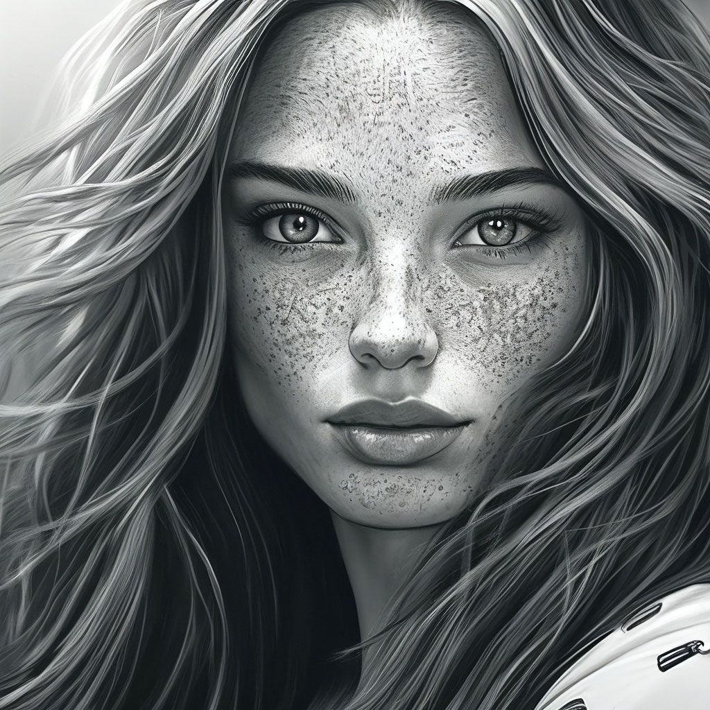"Pen-ink drawing, b/w, long-haired beauty, dress, symmetrical eyes ...