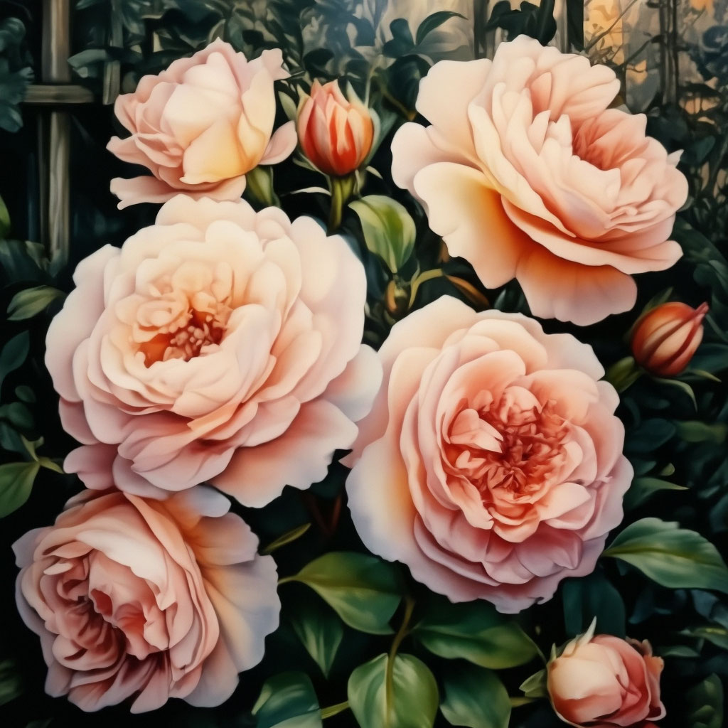 "A bush of peony-shaped roses in an old, overgrown blooming garden ...