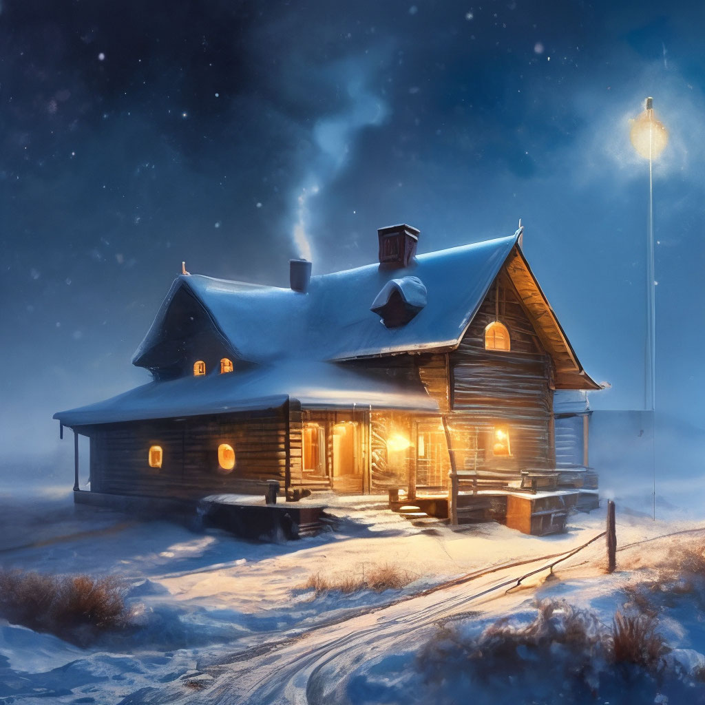 "A lonely house in the middle of the snow-covered steppes, fog and ...