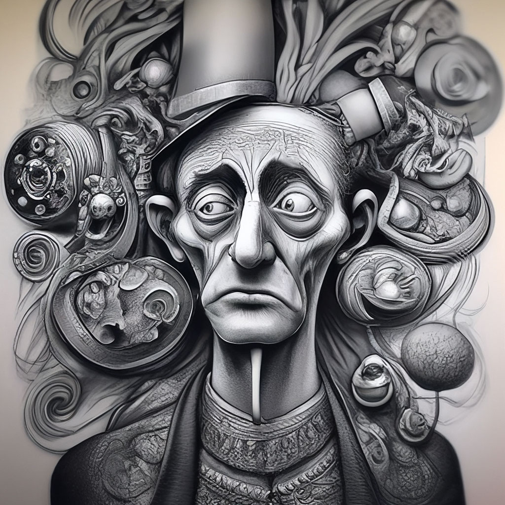 "Cartoon art, schizophrenia filigree ,ink drawing ,engraving ,clarity ...