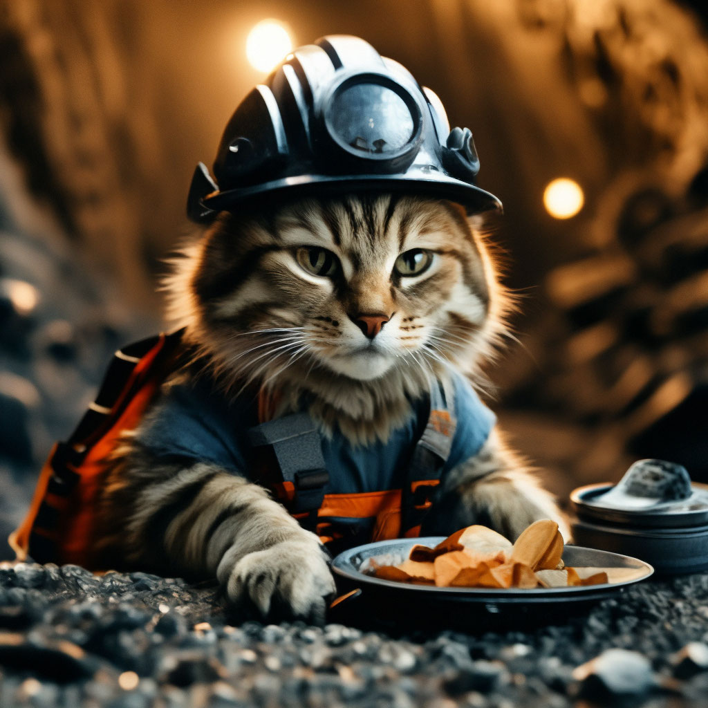 "A tired miner cat in a helmet has lunch in the mine" — image created ...