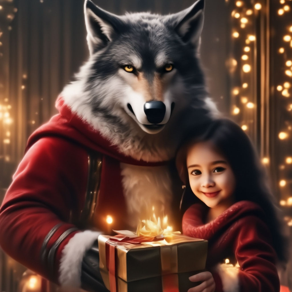 "♾️ Santa wolf holding many gift and give to human children in ...