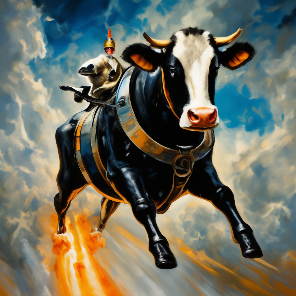 "A cow flying on a jetpack around the Earth: Impressionism in the style ...