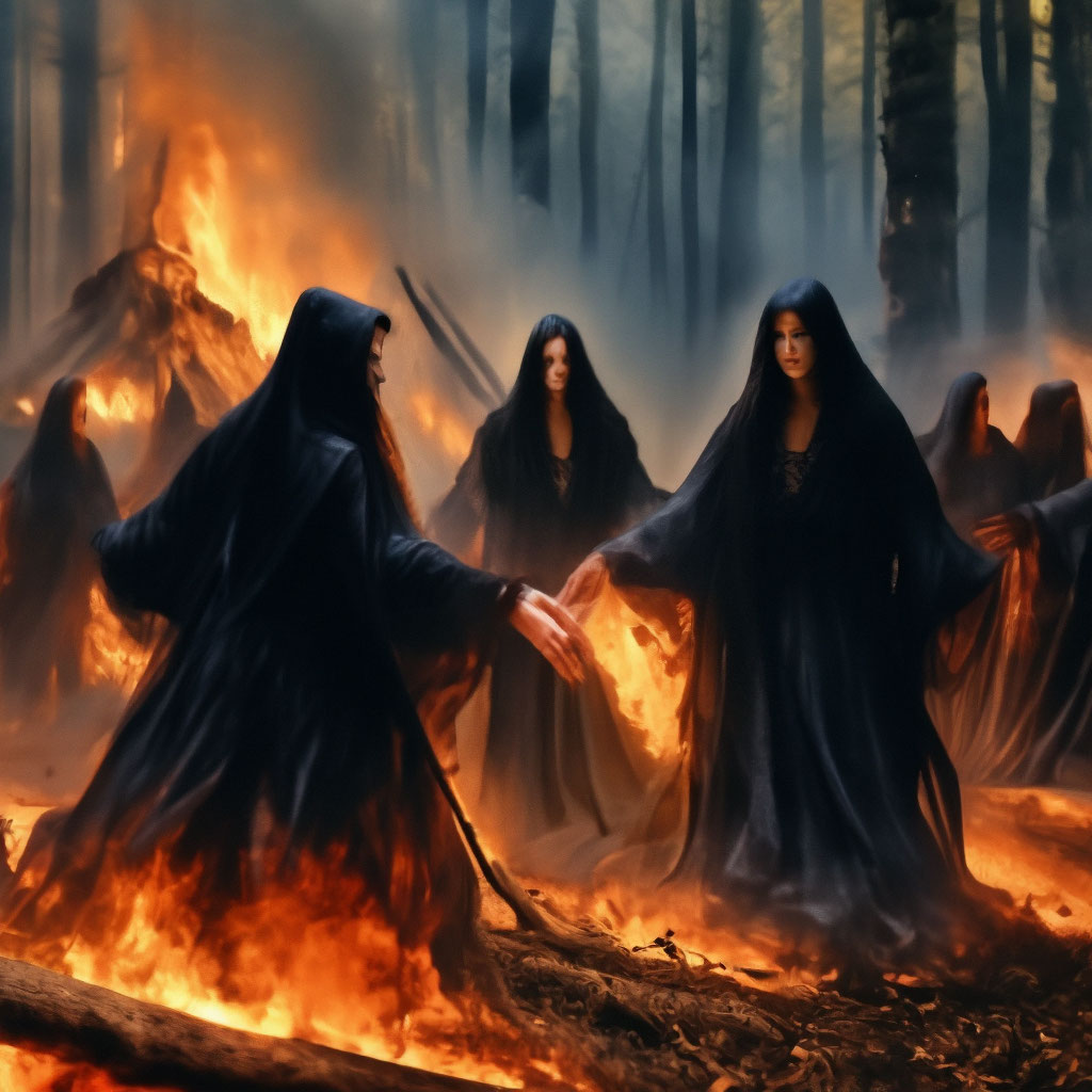 "Solemn night meetings of the coven witches dance on the sabbath forest ...
