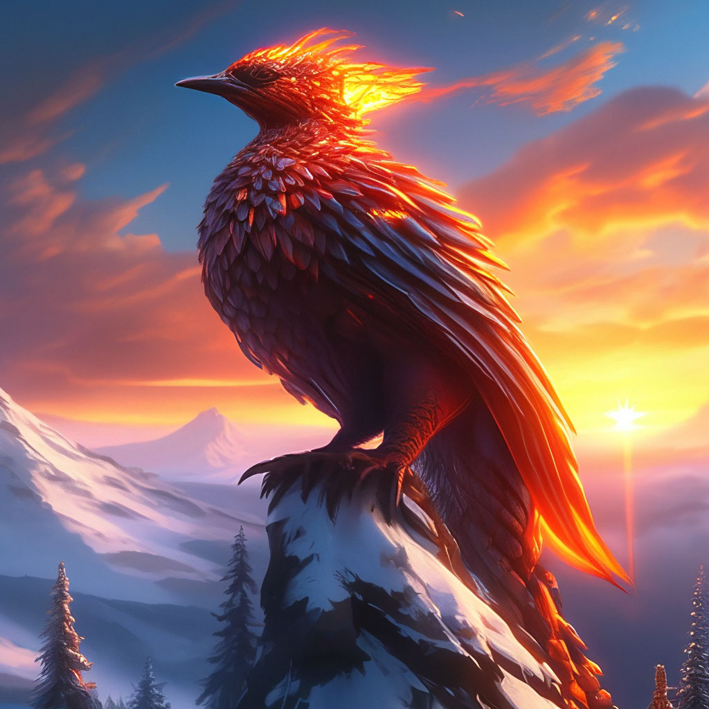 "A huge firebird sits on the top of a fir tree, mountains in the ...