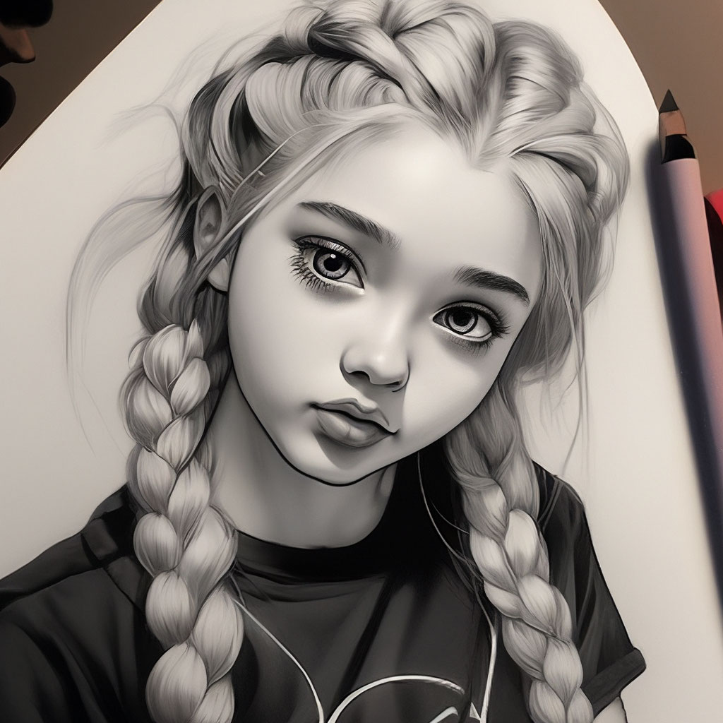 "Sketch, drawing, Grunge, Girl, 14 years, black T-shirt bust, plump ...