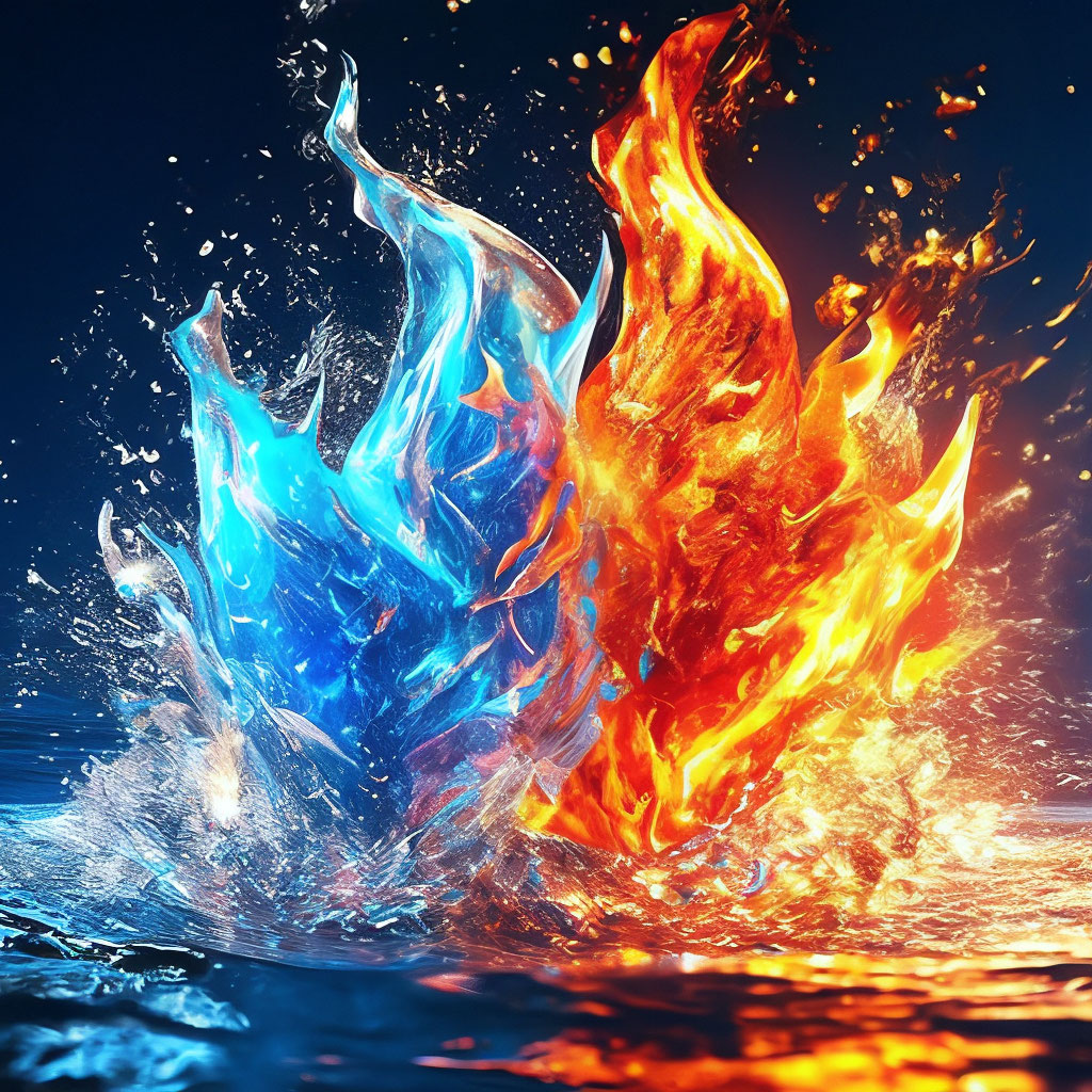 "Two elements, fire and water, flames and a wave splash, glare, glitter ...
