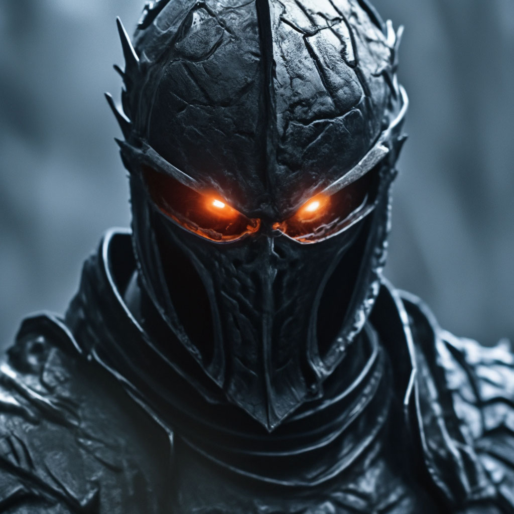 "A black helmet in the form of a cursed knight who is all cracked and ...
