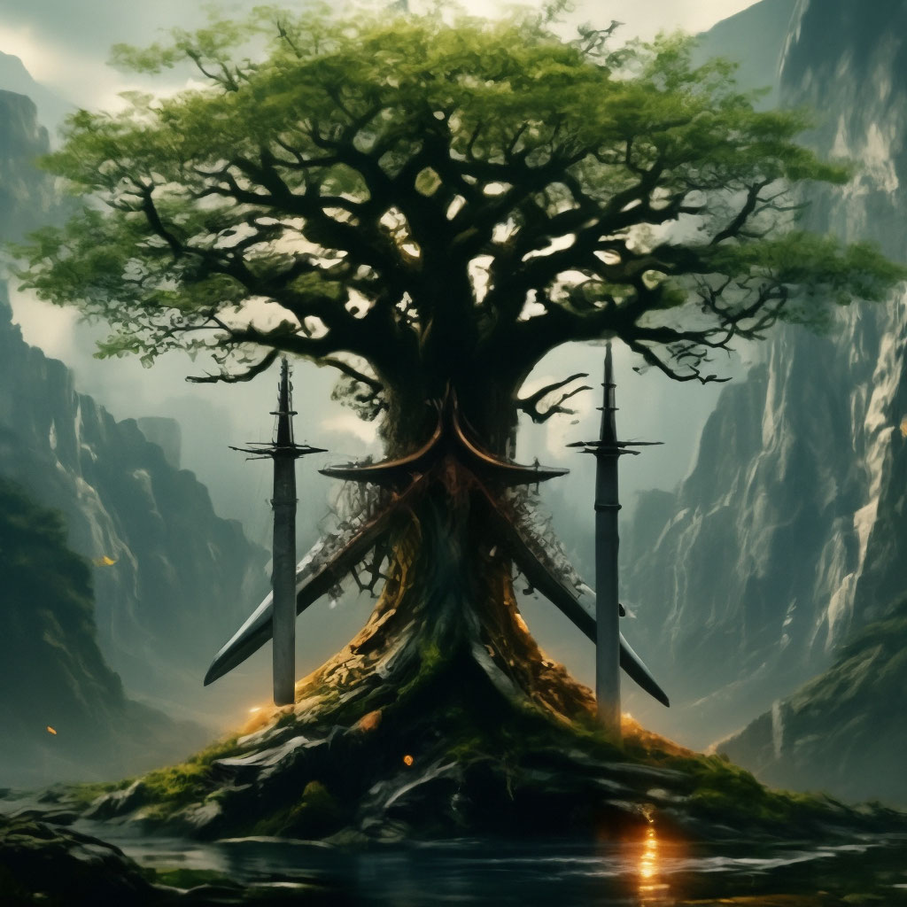 "A tree with fighting swords" — image created in Shedevrum