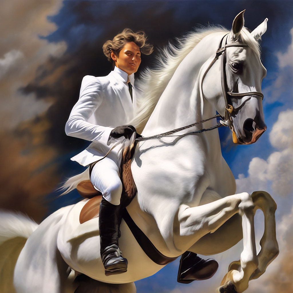 "A rider in a white suit riding a horse realism" — image created in ...