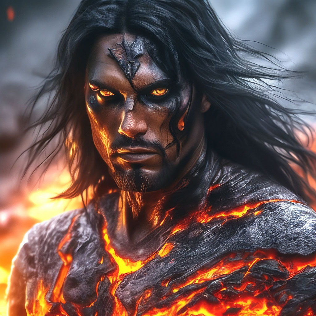 "Gloomy man, long black hair, skin on his face like cooled lava, crust ...