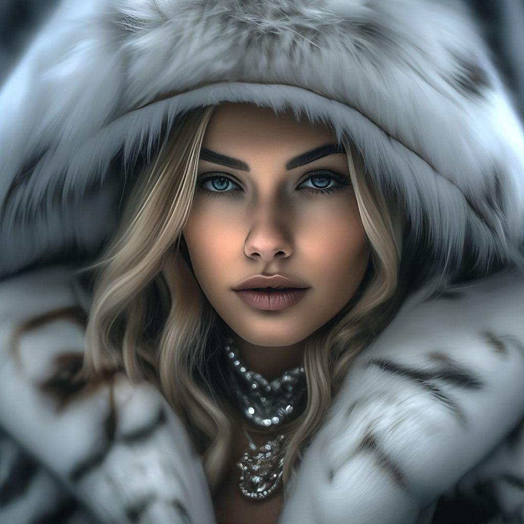 "Girl, snowball,silver fox hat, fur coat, jewelry, detailed study ...