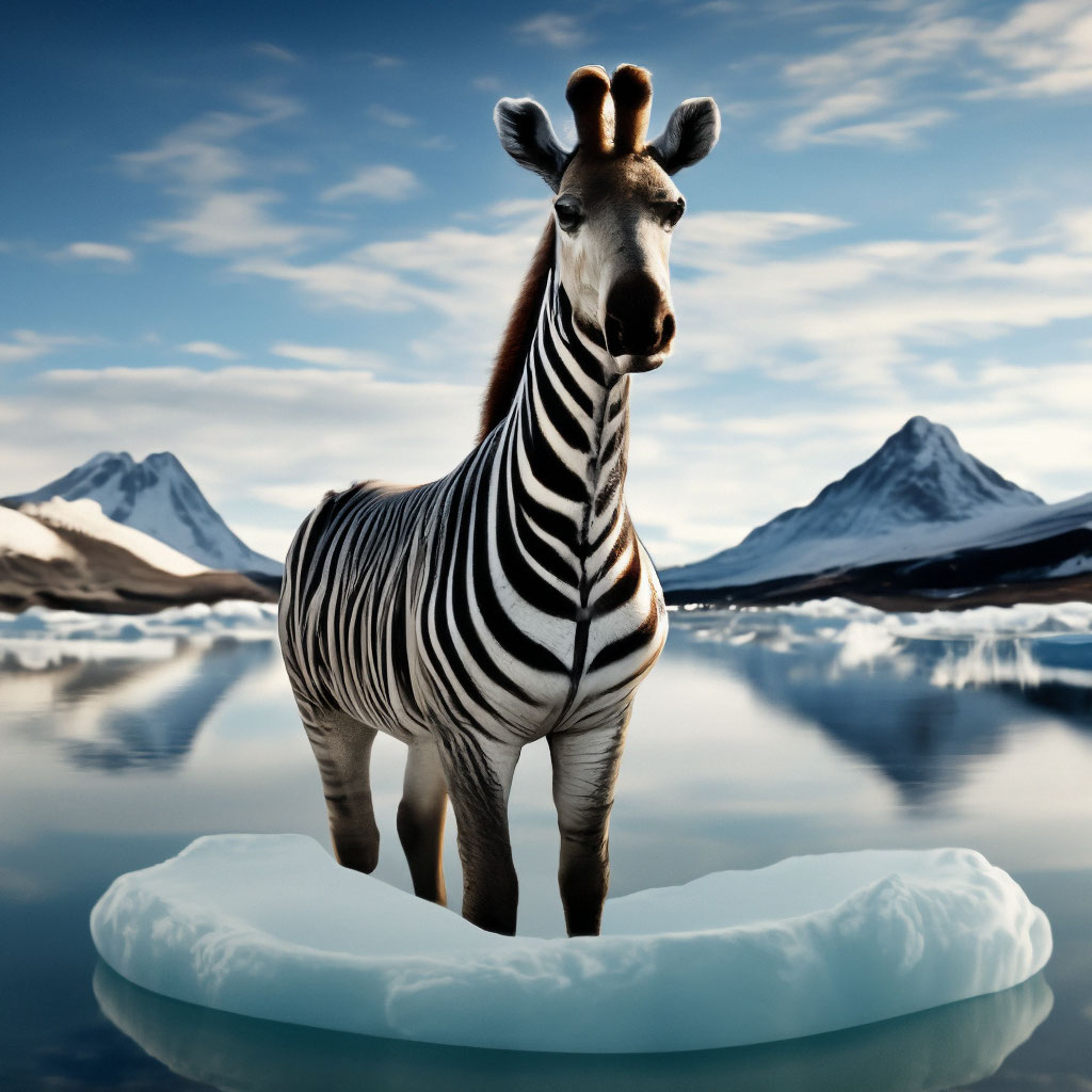"Hybrid, zebra + giraffe on an ice floe" — image created in Shedevrum