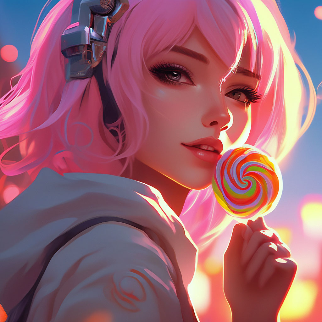 "Anime girl zero-two, pink hair, lollipop in hand, cyberpunk" — image ...