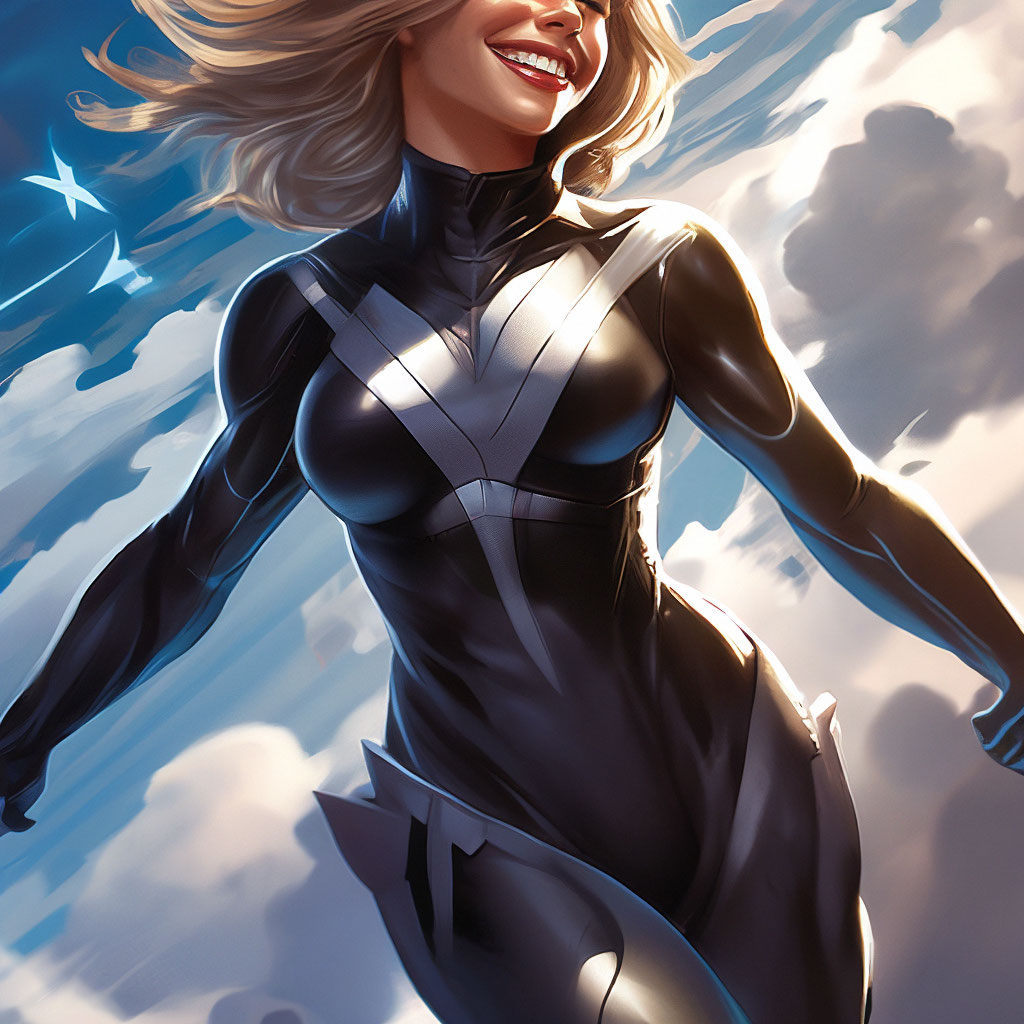 "Super girl, smile, on the background of clouds, black scaly suit ...