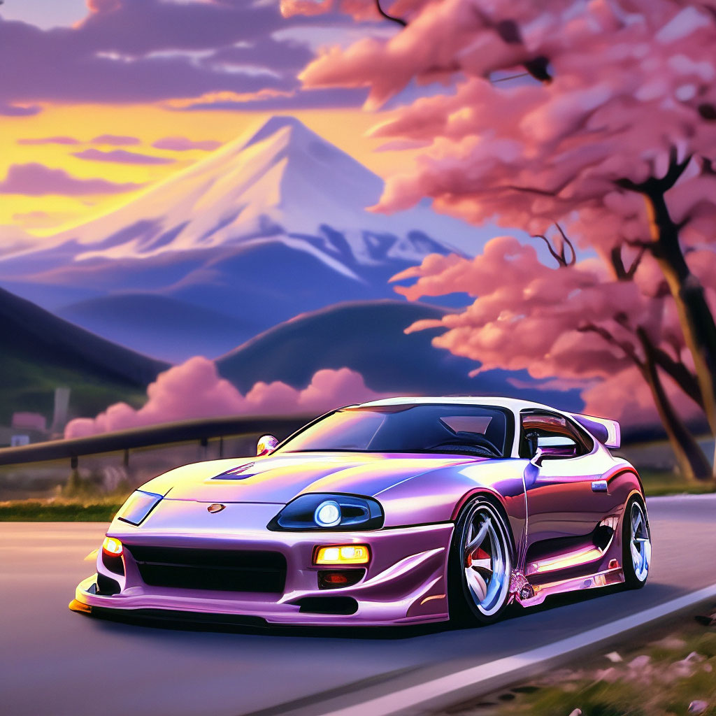 "Toyota Supra mk4,mountains,sakura,evening" — image created in Shedevrum