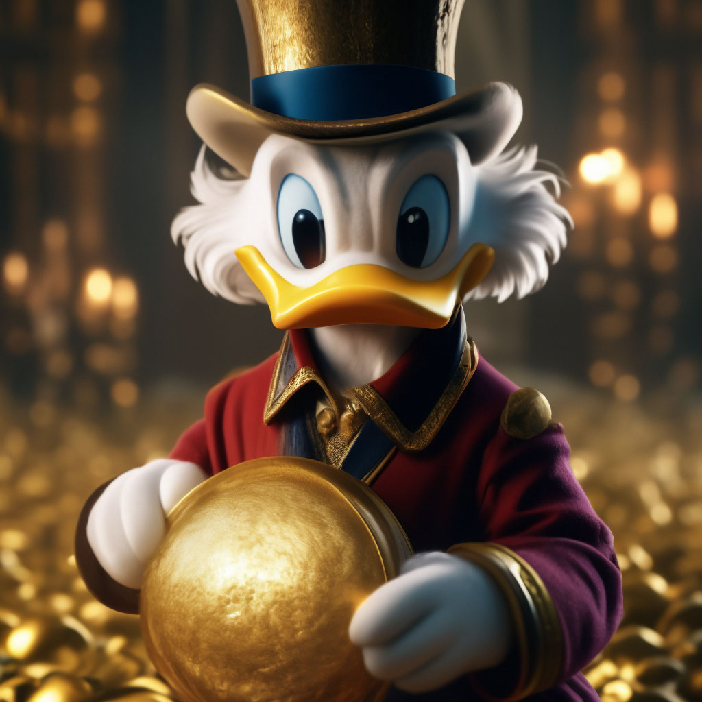 "Scrooge McDuck with gold, aesthetically pleasing, beautiful, realistic ...