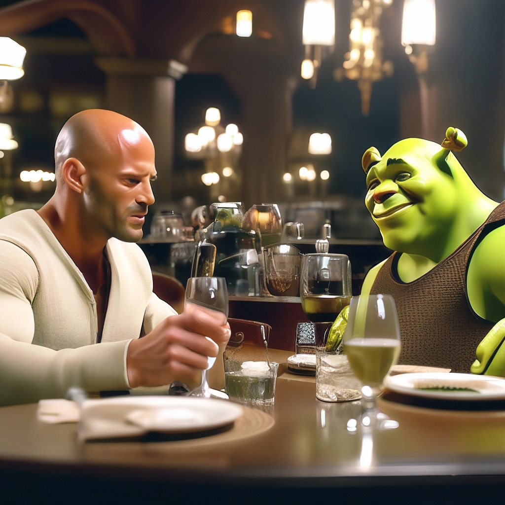 "Statham and Shrek are sitting at a table in an expensive, beautiful ...
