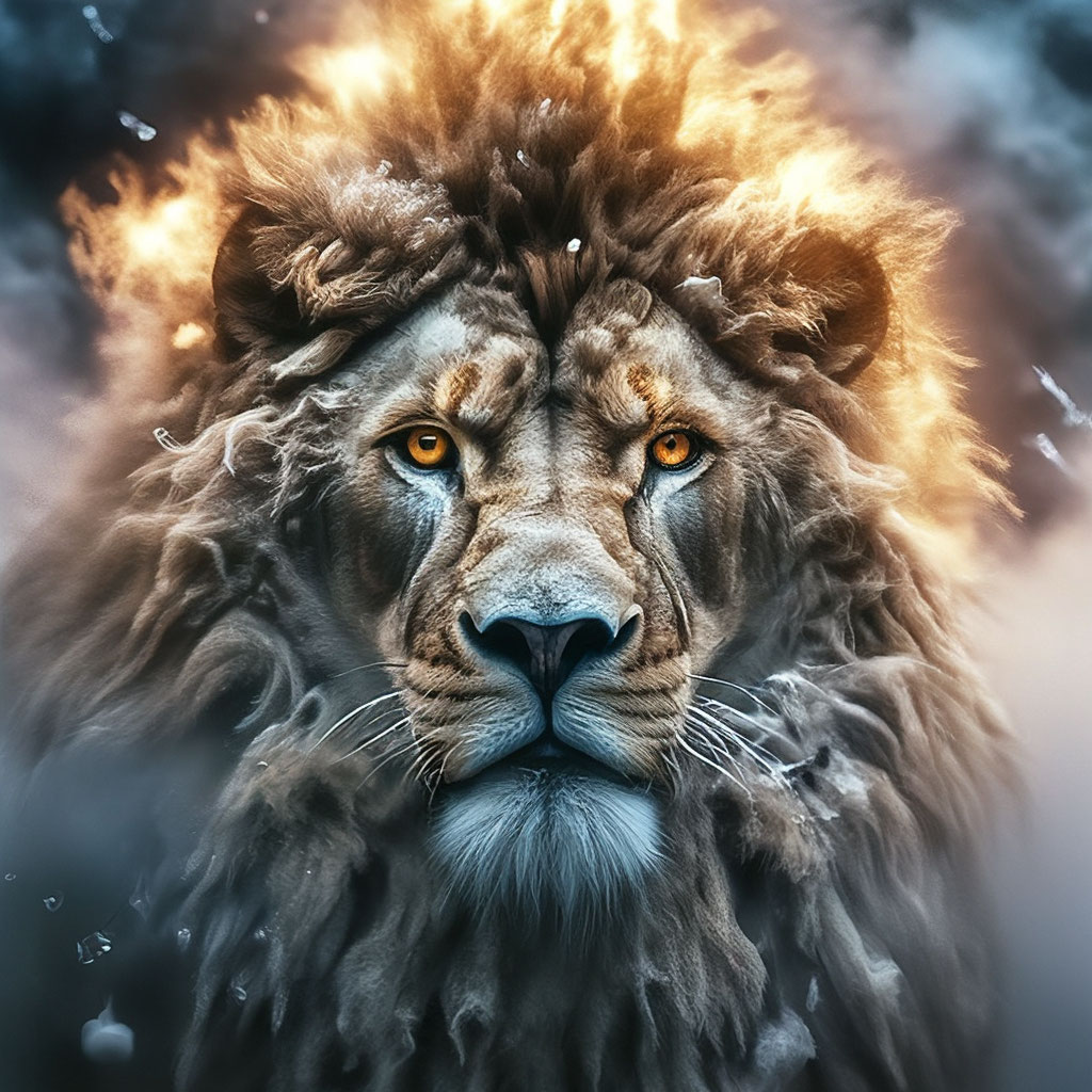 "Hyperrealism, beautiful lion consists of clouds, steam, smoke, glow ...