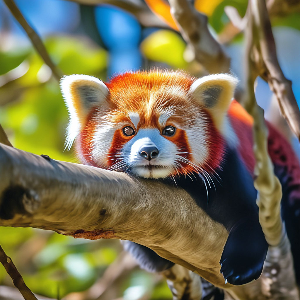 "A very cute red panda is lying on his stomach on a thick tree branch ...