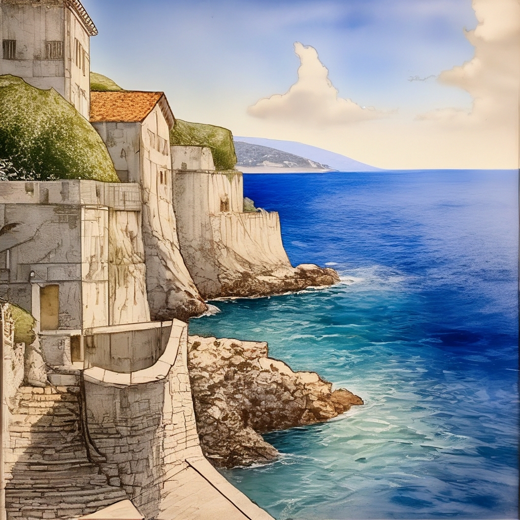 "Mediterranean sea, watercolor and pencil, engraving, detailed drawing ...