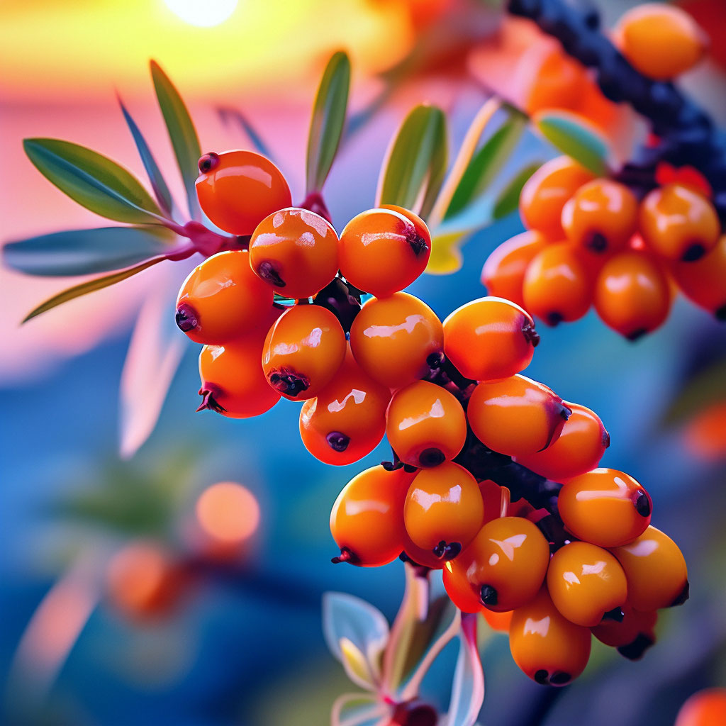 "Large sea buckthorn berries, against the background of a summer sunset ...