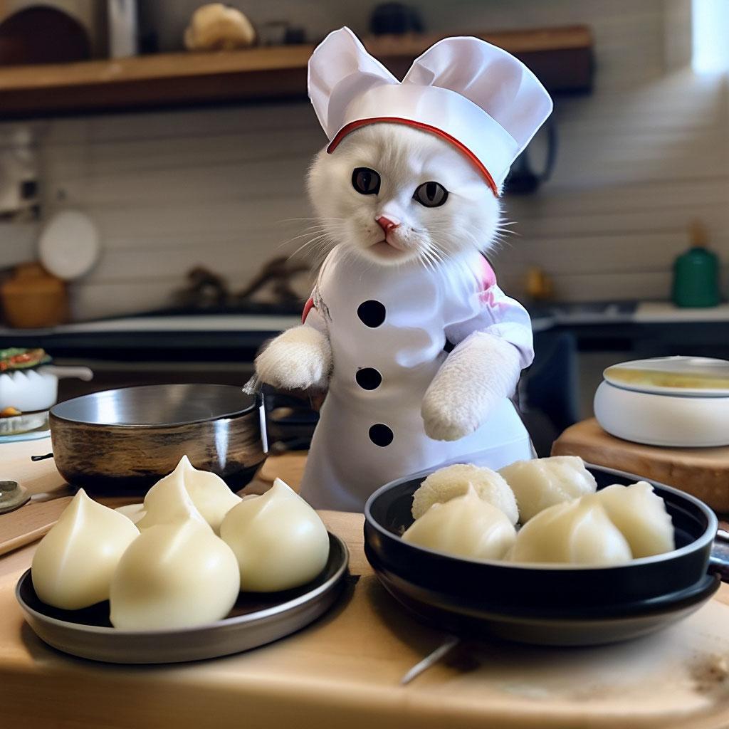 "A white kitten in a cook's costume makes dumplings in the kitchen ...
