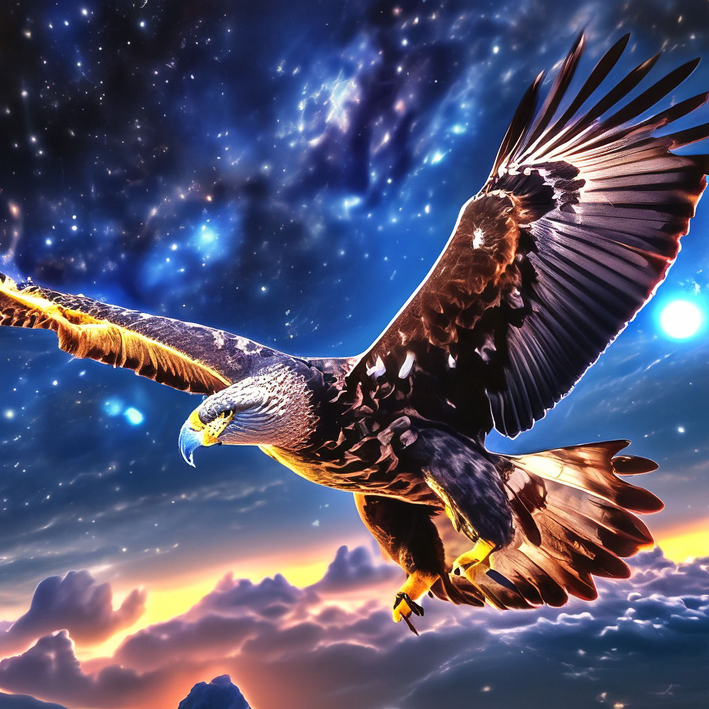 "Flying with an Eagle HD stars night" — image created in Shedevrum