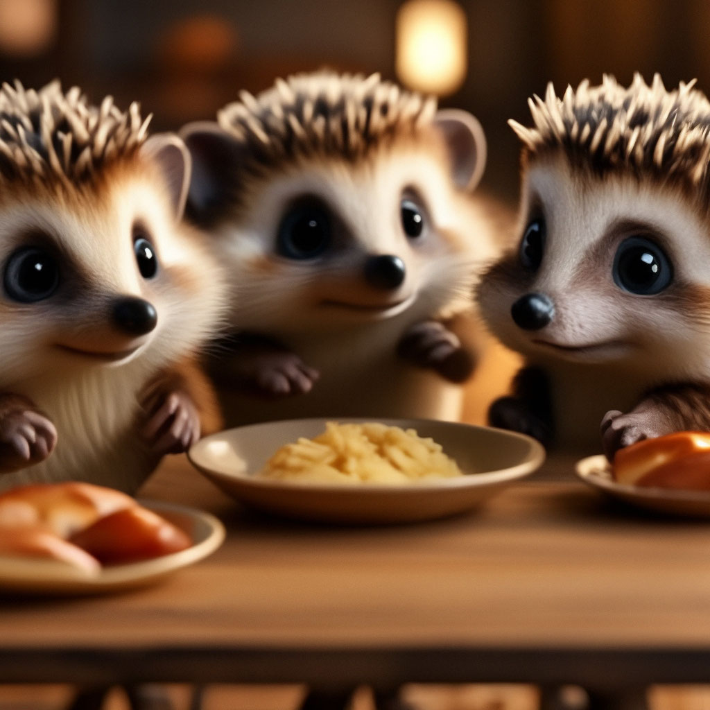"A family of cute anthropomorphic hedgehogs has lunch at a wooden table ...