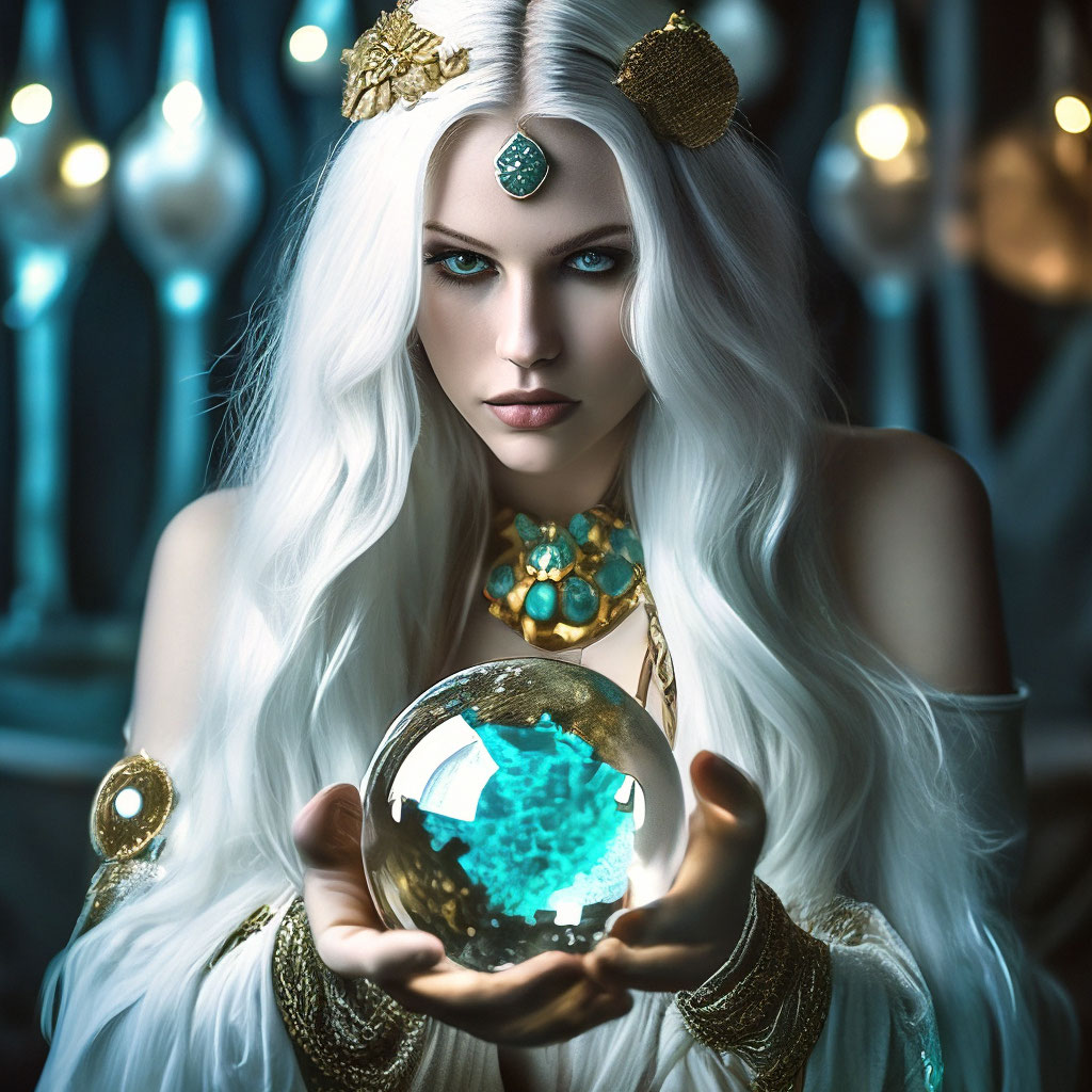 "Esoteric woman, long white hair in a complicated hairstyle, pale skin ...