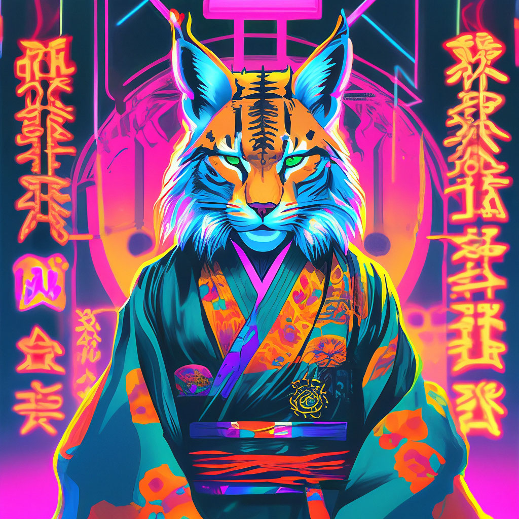 "Humanization lynx in a kimono with a black belt posterization neon ...
