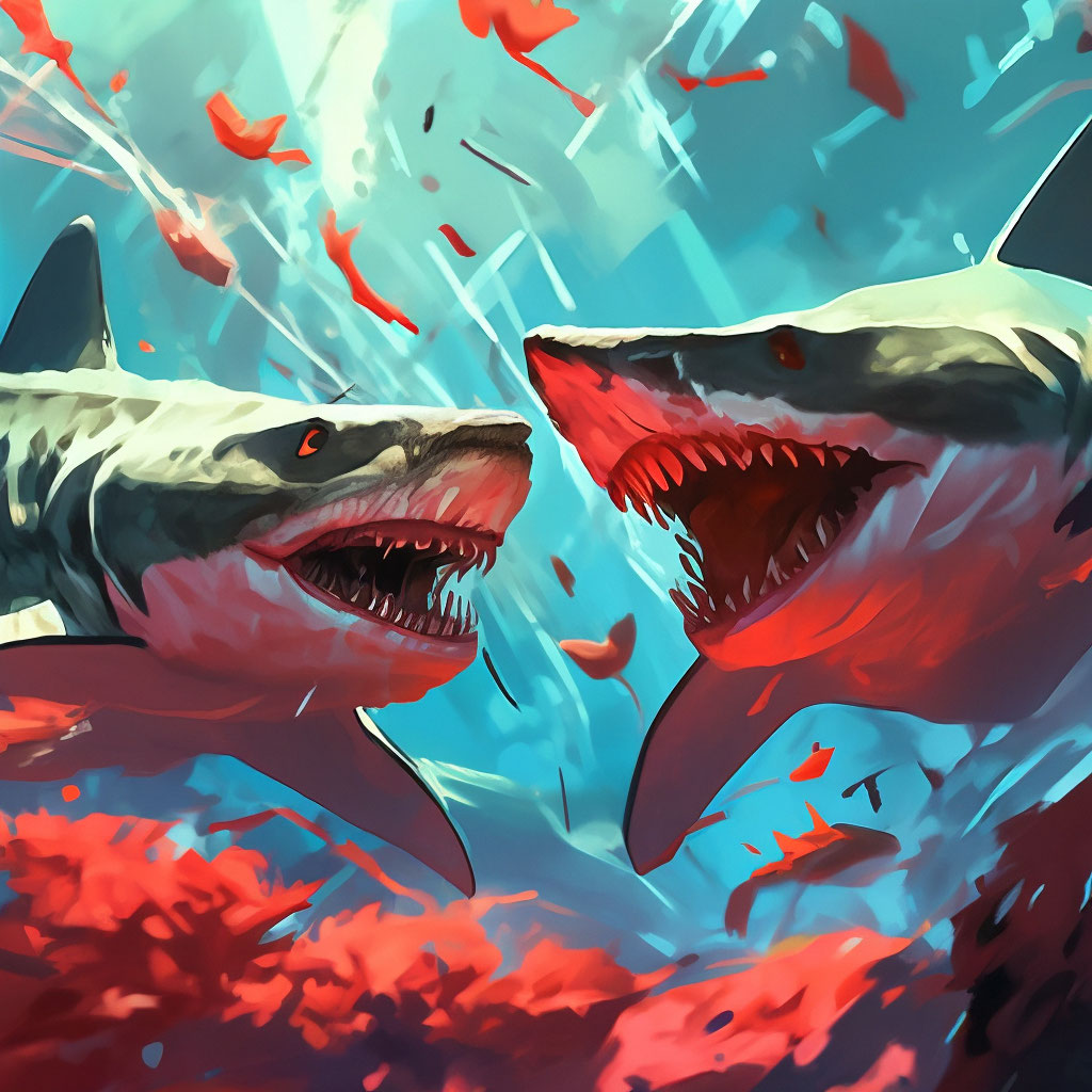 "Two sharks fight, grin, red eyes, corals" — image created in Shedevrum