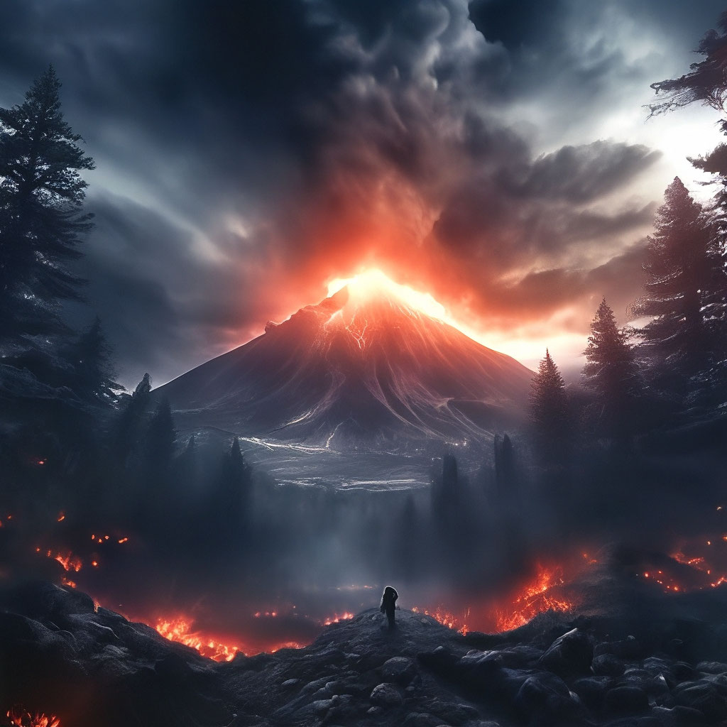 "Giant volcano has awakened,lava,fires,fumes,smoke,soot,horror,dark ...