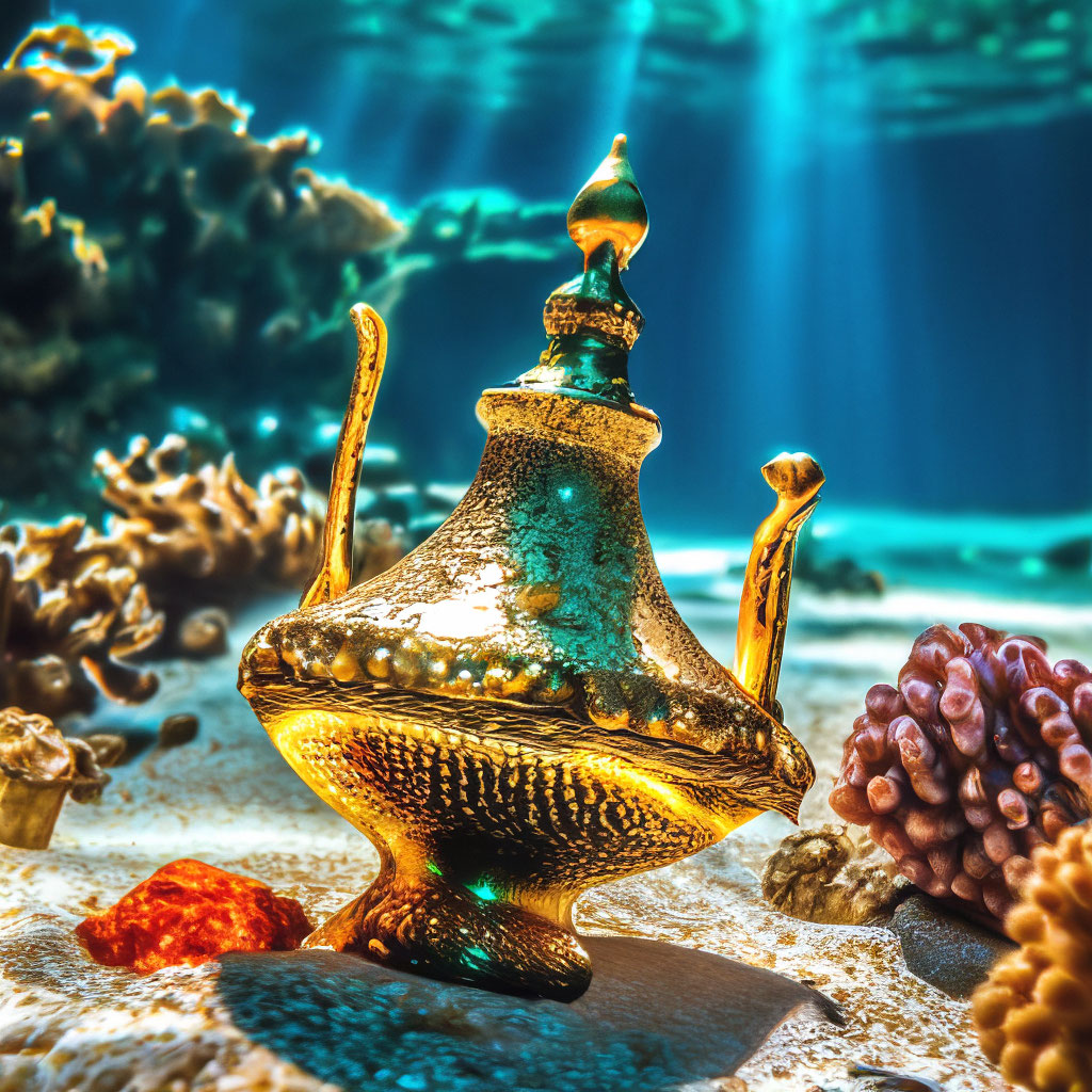 "Aladin's magic lamp lies on its side at the bottom of the sea.Corals ...