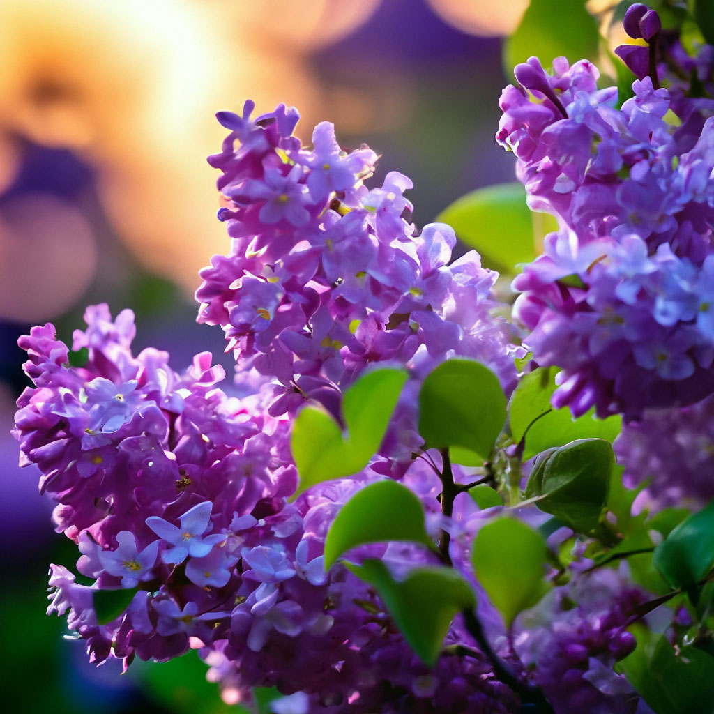 "Lilac branches of complex colors, in the glow of the morning dawn and ...