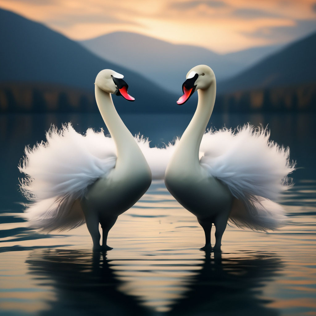 "Anthropomorphic Swans in ballerina costumes dancing on the lake ...