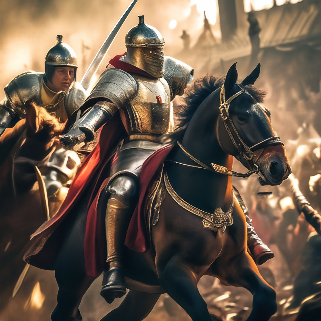 "XII century. A contest of knights in honor of a beautiful lady. Two ...