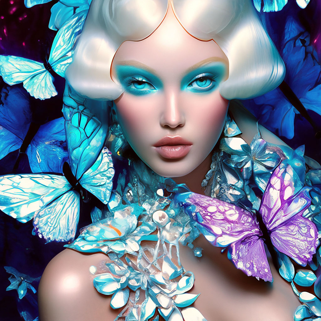 "Versace, Luxury. white cute adorable top model, epic makeup, neon blue ...