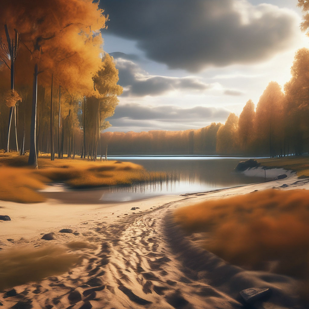 "Gentle sandy descent to the lake, deciduous forest on the other side ...