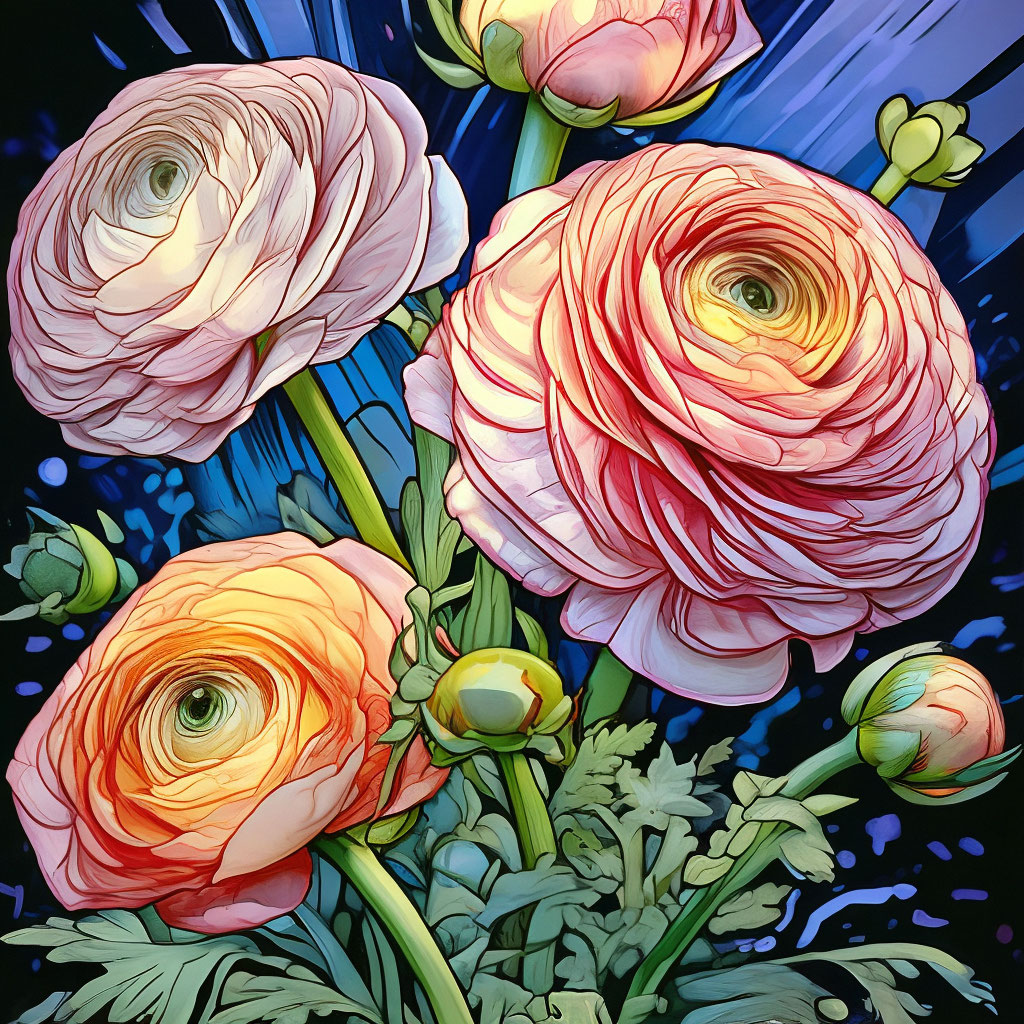 "Beautiful bouquet ranunculus, floral design, sketch, botanical ...