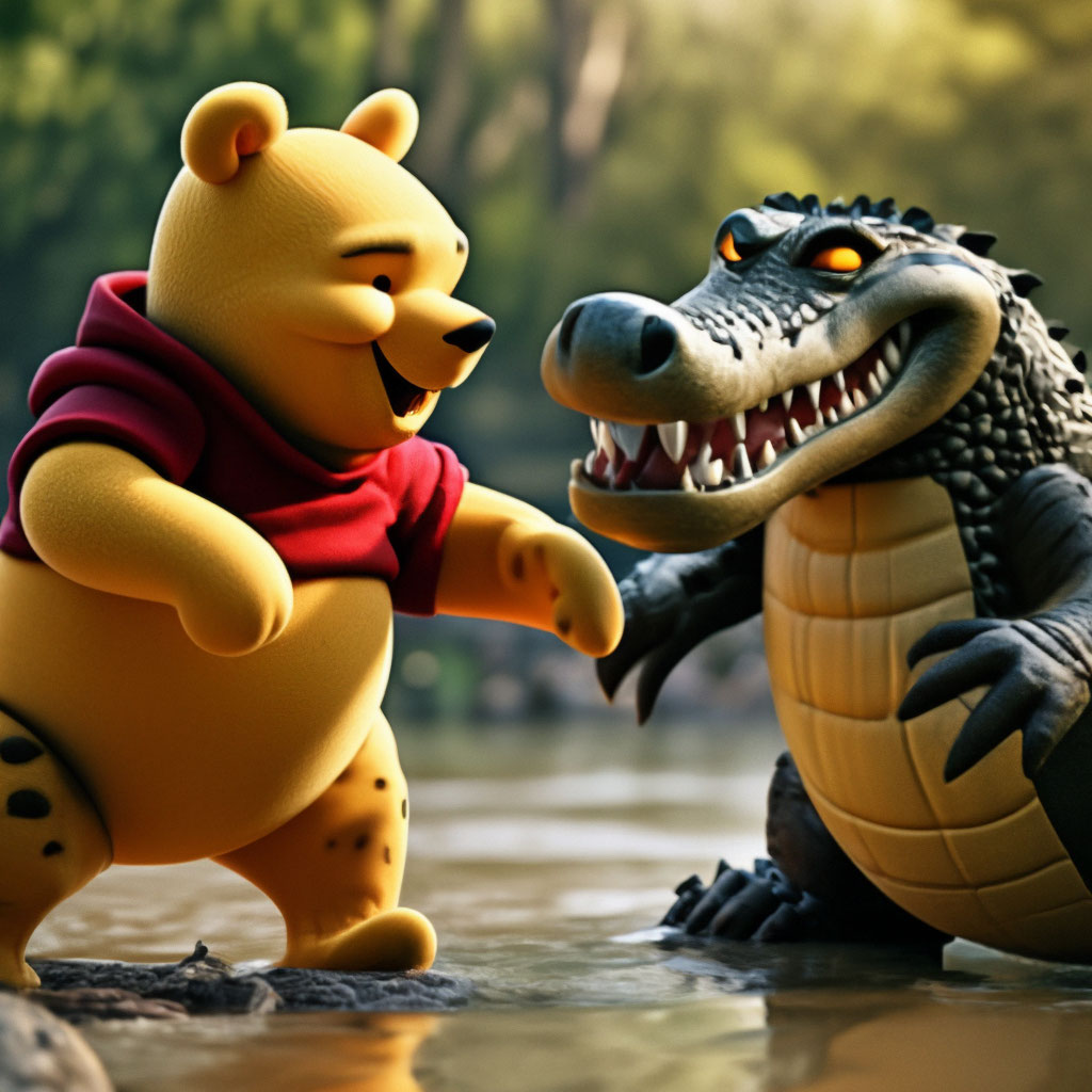 "Vinipuh fights with a crocodile, realistic, close-up, professional ...