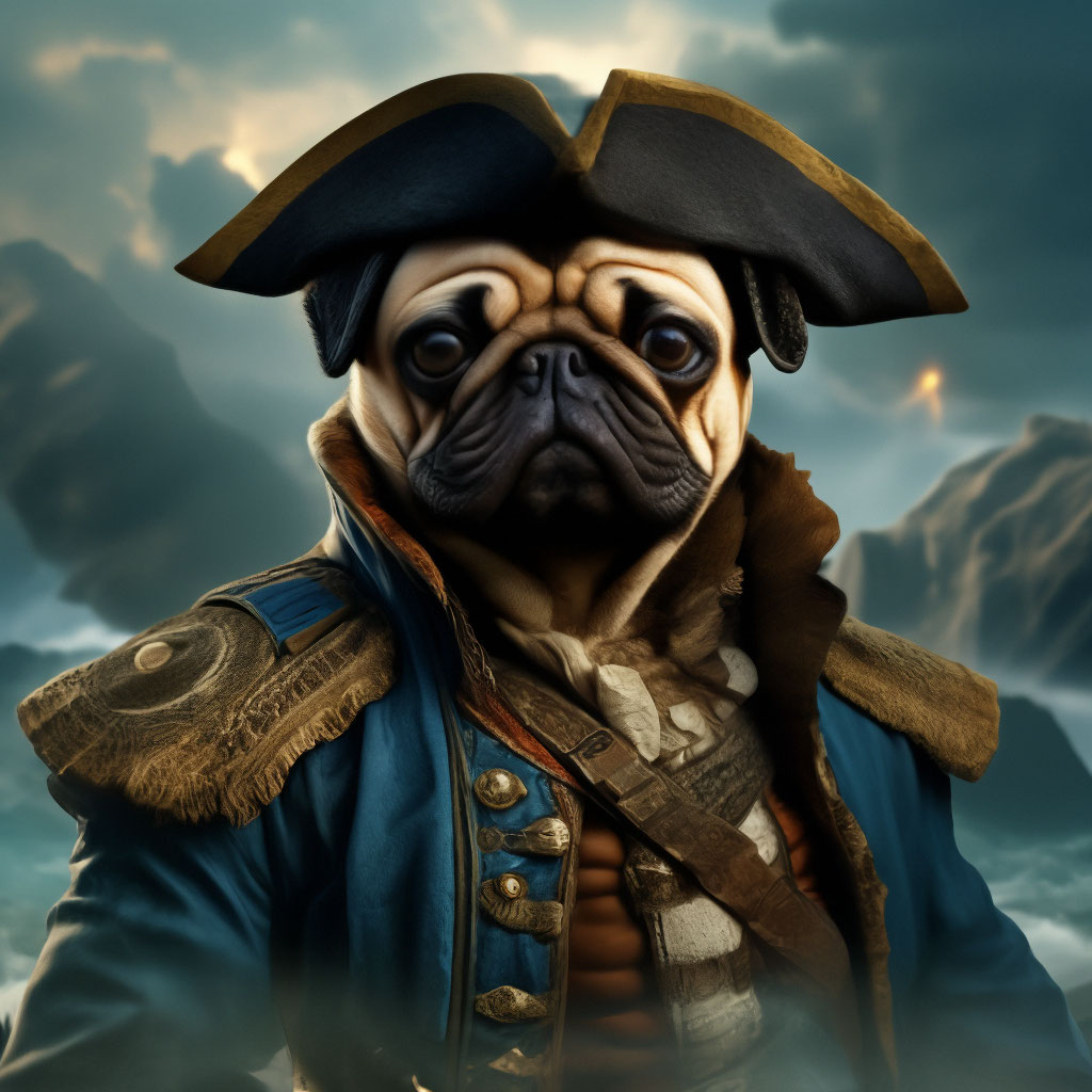 "Pug pirate captain with a black armband in the style of Aivazovsky in ...