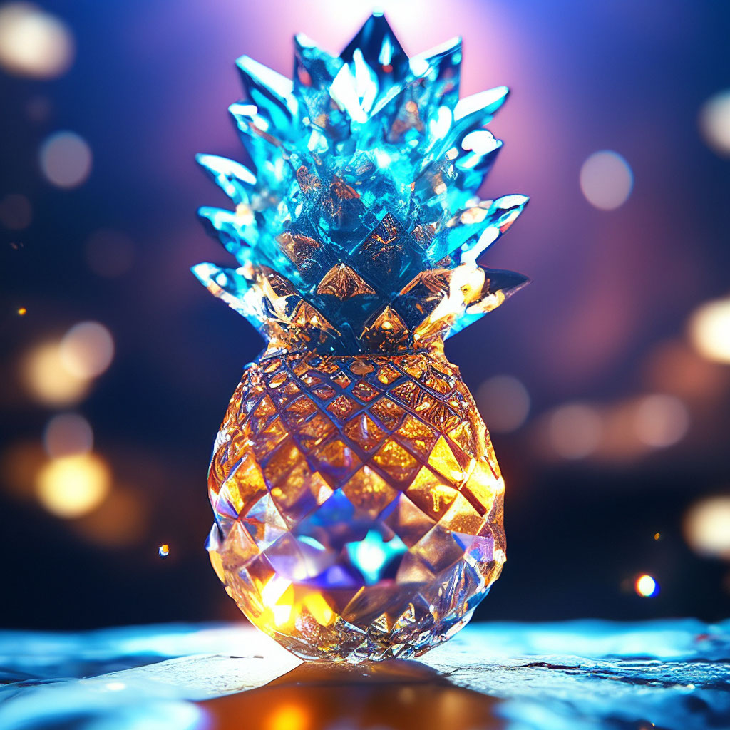 "An epic crystal pineapple with a glowing cosmos inside, a white haze ...