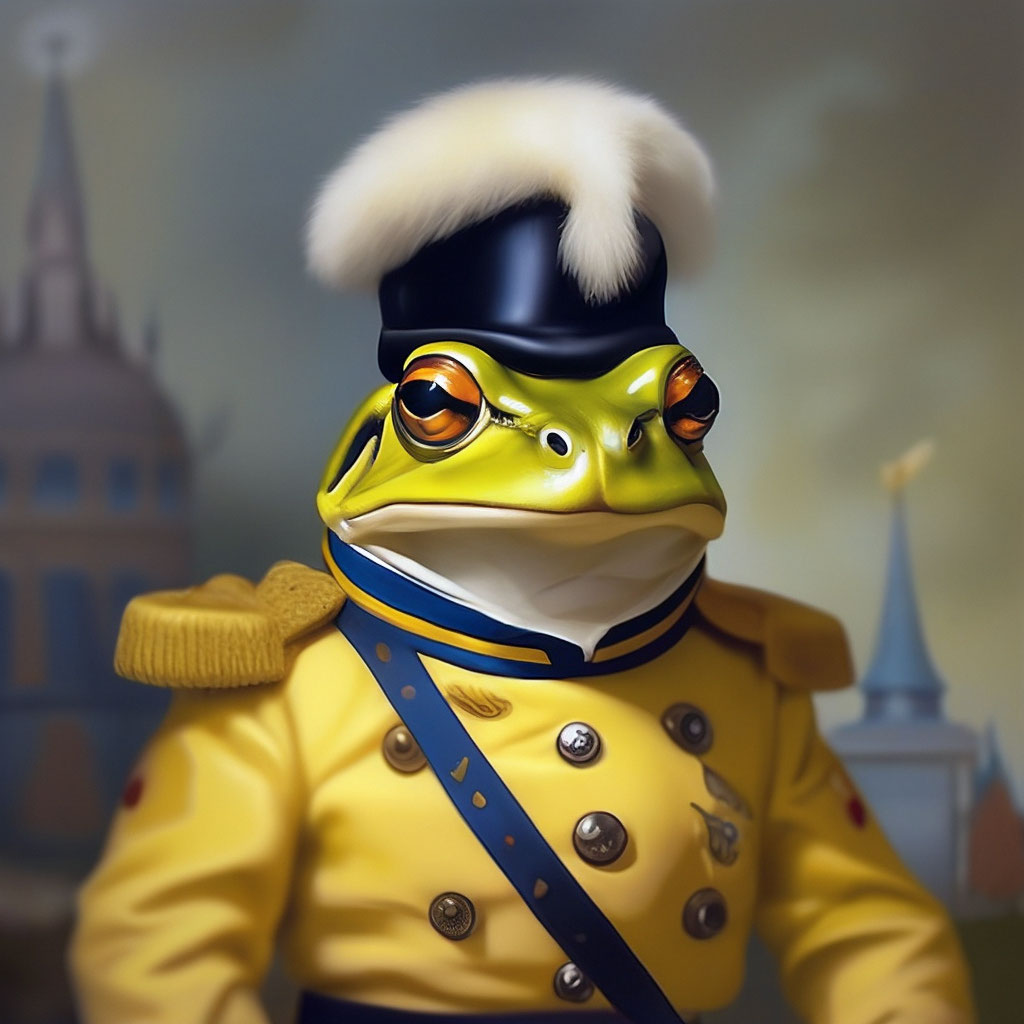 "A toad in the yellow uniform of the Russian Empire and a black cap ...