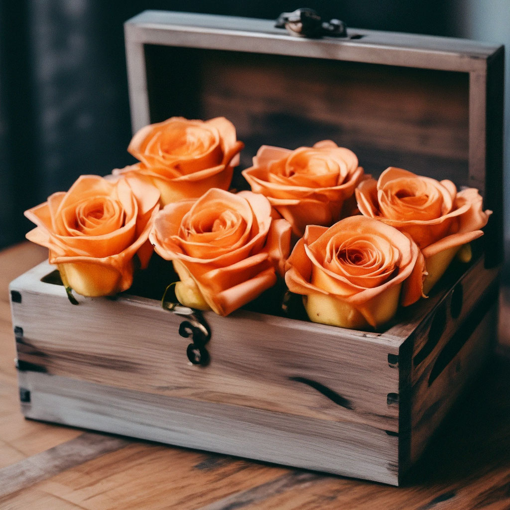 "Roses in a wooden box on a table, photo photo, orange hue, 🤬 🤮 💕 🎀 ...