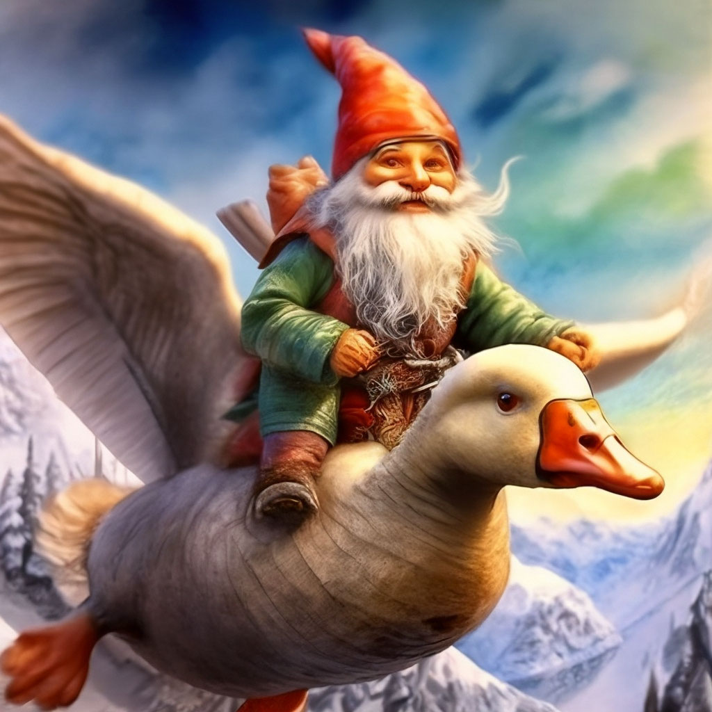 "Computer processing, a little gnome flies on the back of a goose to ...