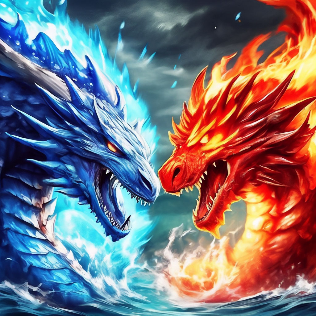 "WATER DRAGON VS FIRE DRAGON" — image created in Shedevrum