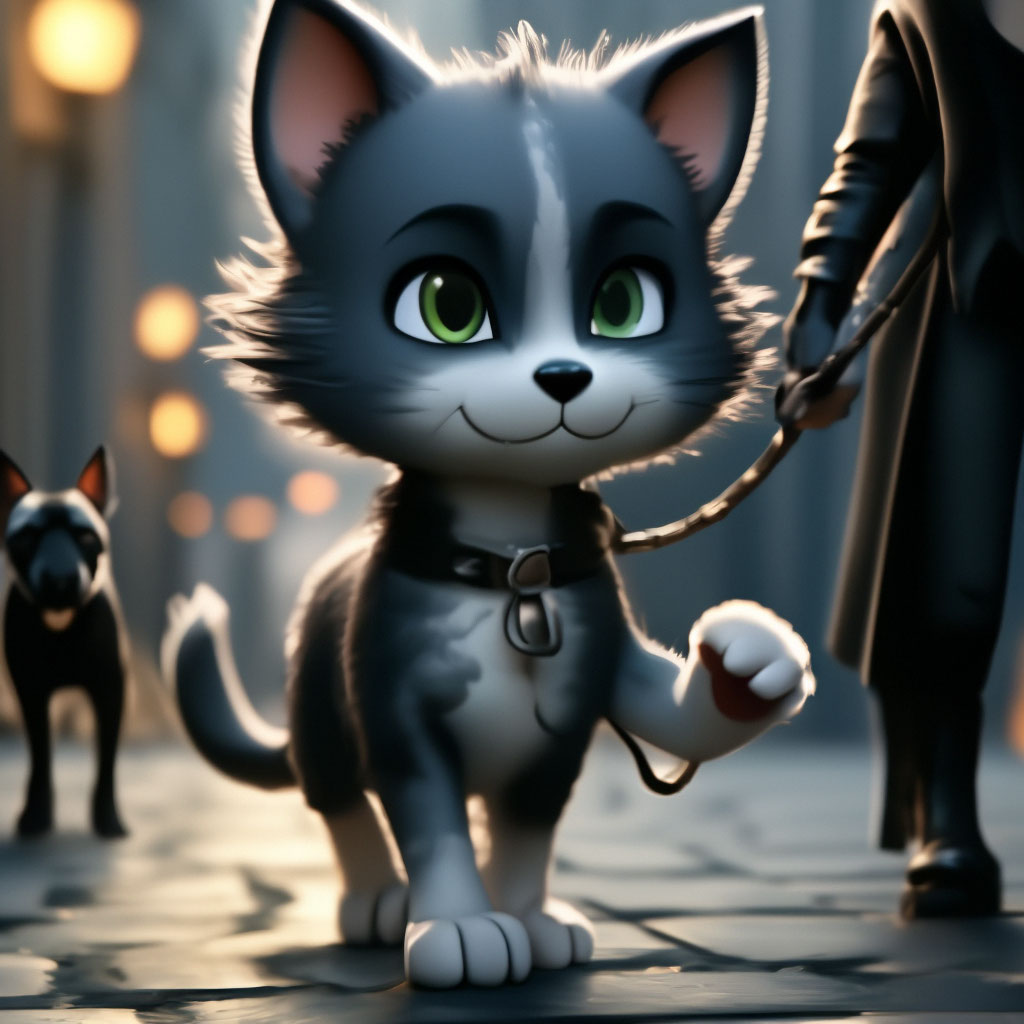 "A cartoon cat walks a dog on a leash" — image created in Shedevrum