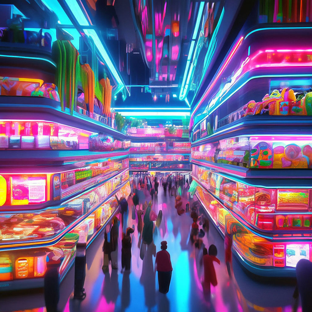 "Futuristic hypermarket of the future,lots of people,lots of food,lots ...